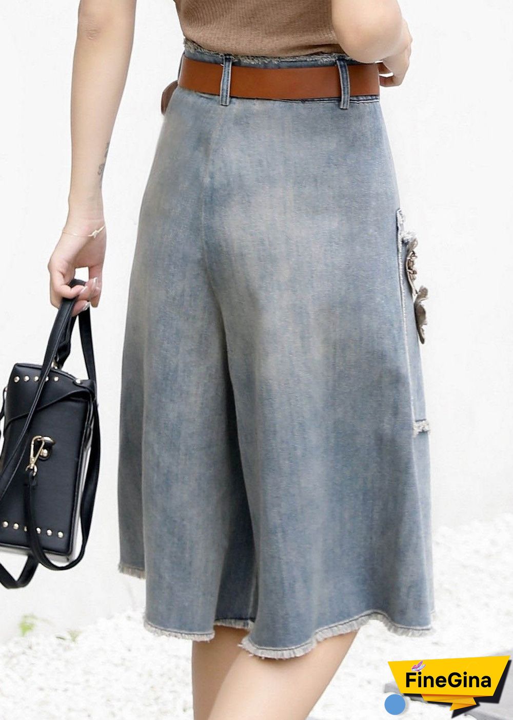 FineGina Chic Blue Floral High Waist Sashes Denim Crop Pants Summer