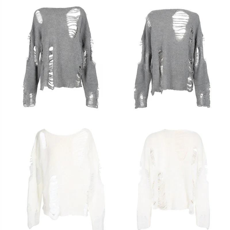 OBLIQUE SHOULDER RIPPED HOLLOW LONG SLEEVE KNIT TOP