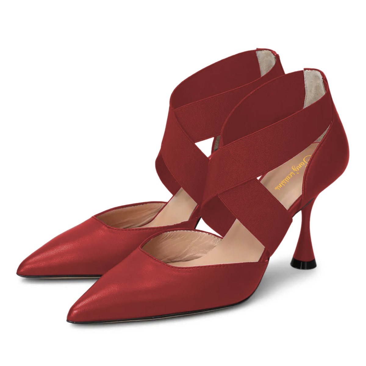 Red Spool Heel Cross Elastic Band Pointed Toe Pumps for Women