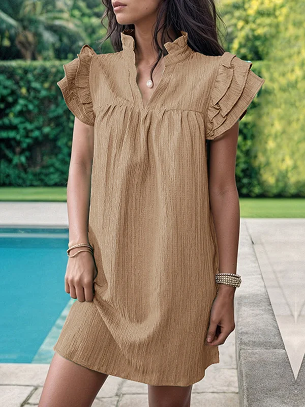 Feminine Grace: A-Line Loose Ruffled Solid Color Stand Collar Mini Dresses
