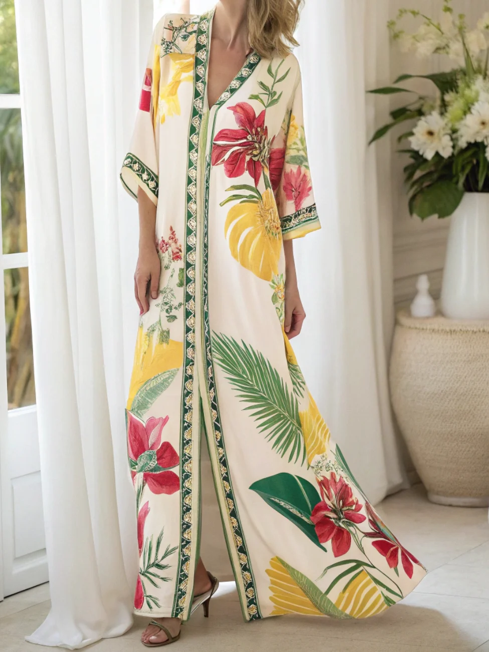Beige Tropical Print Cotton Cardigan Robe