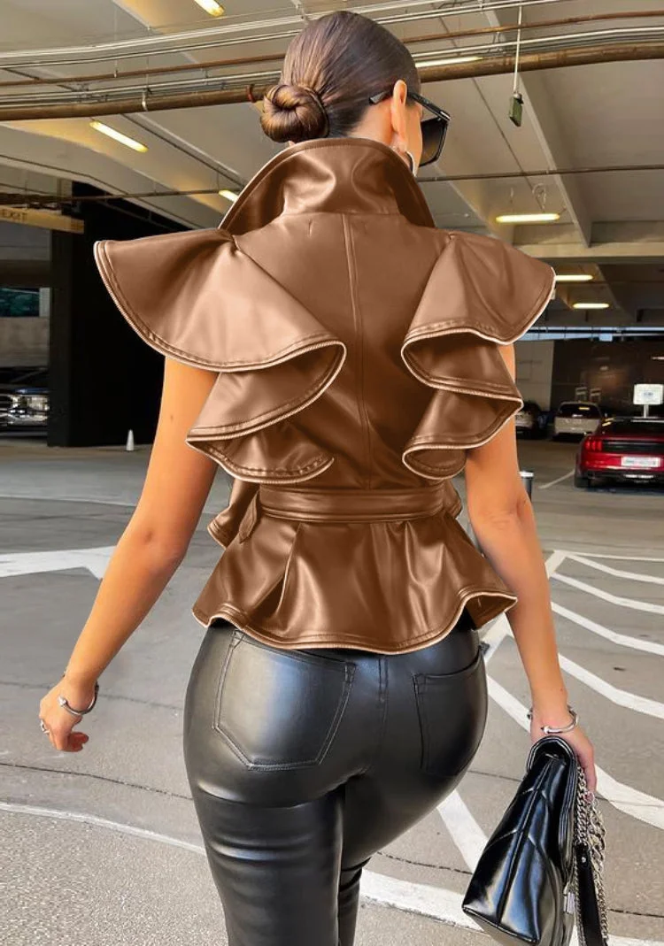 Spring Turndown Collar Zipper Sleeveless Ruffled Faux PU Leather Jacket ...