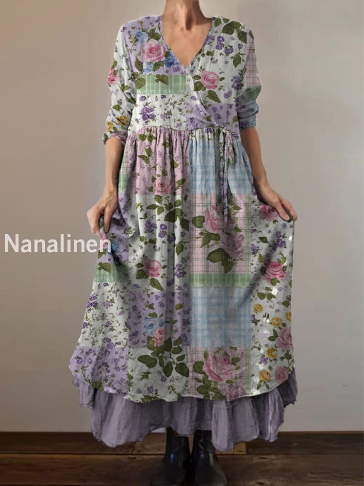 Retro Boho Floral Print Vintage V-Neck Double Hemline Cotton Long ...