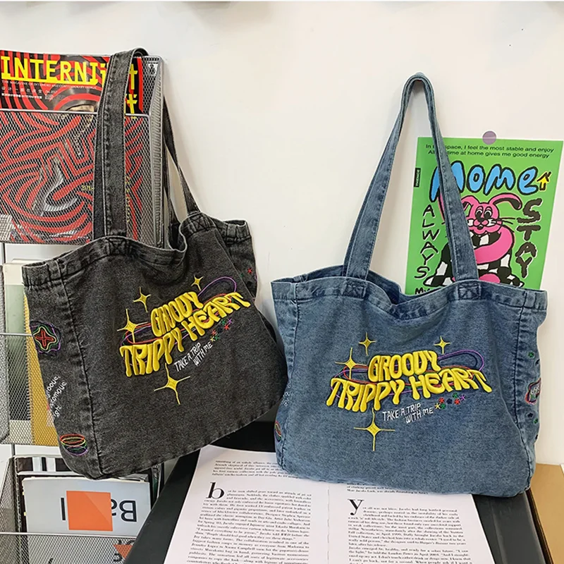GROOVY TRIPPY HEART DENIM BAG