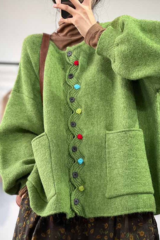 Plus Size-Fall Color Buttoned Warm Knit Cardigan