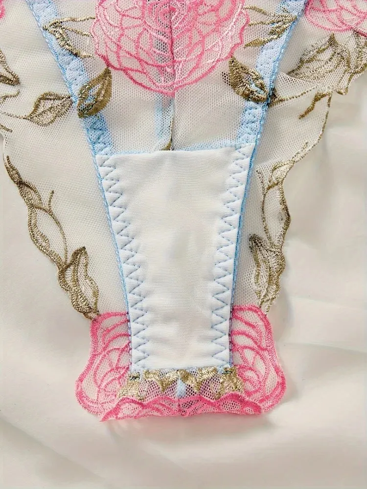 Churchf Blue Sheer Rose Embroidered Lingerie Set