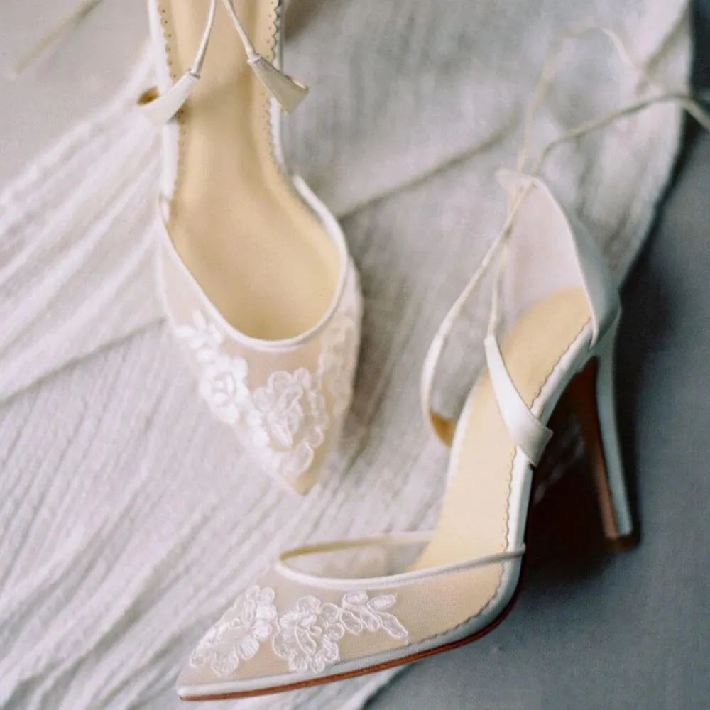 Ivory Lace Embroidered floral Inlay Criss-Cross Lace-Up Pointed Toe ...