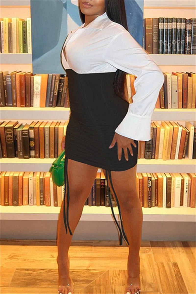 Fashion Sexy Solid Split Joint Draw String Turndown Collar Long Sleeve ...