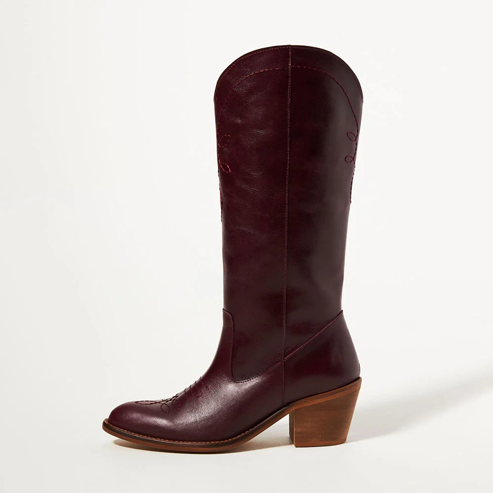 Maroon Round Toe Chunky Heel Stitching Mid-Calf Cowgirl Boots