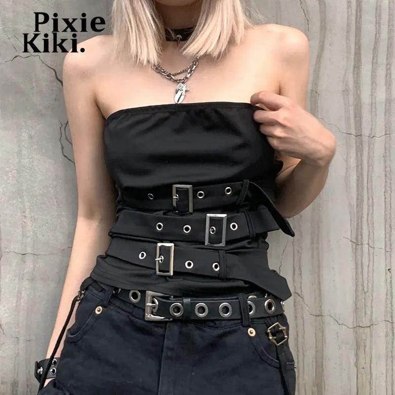 uveng Metal Adjustable Buckle Asymmetric Tops Goth Sexy Clothing Trendy ...