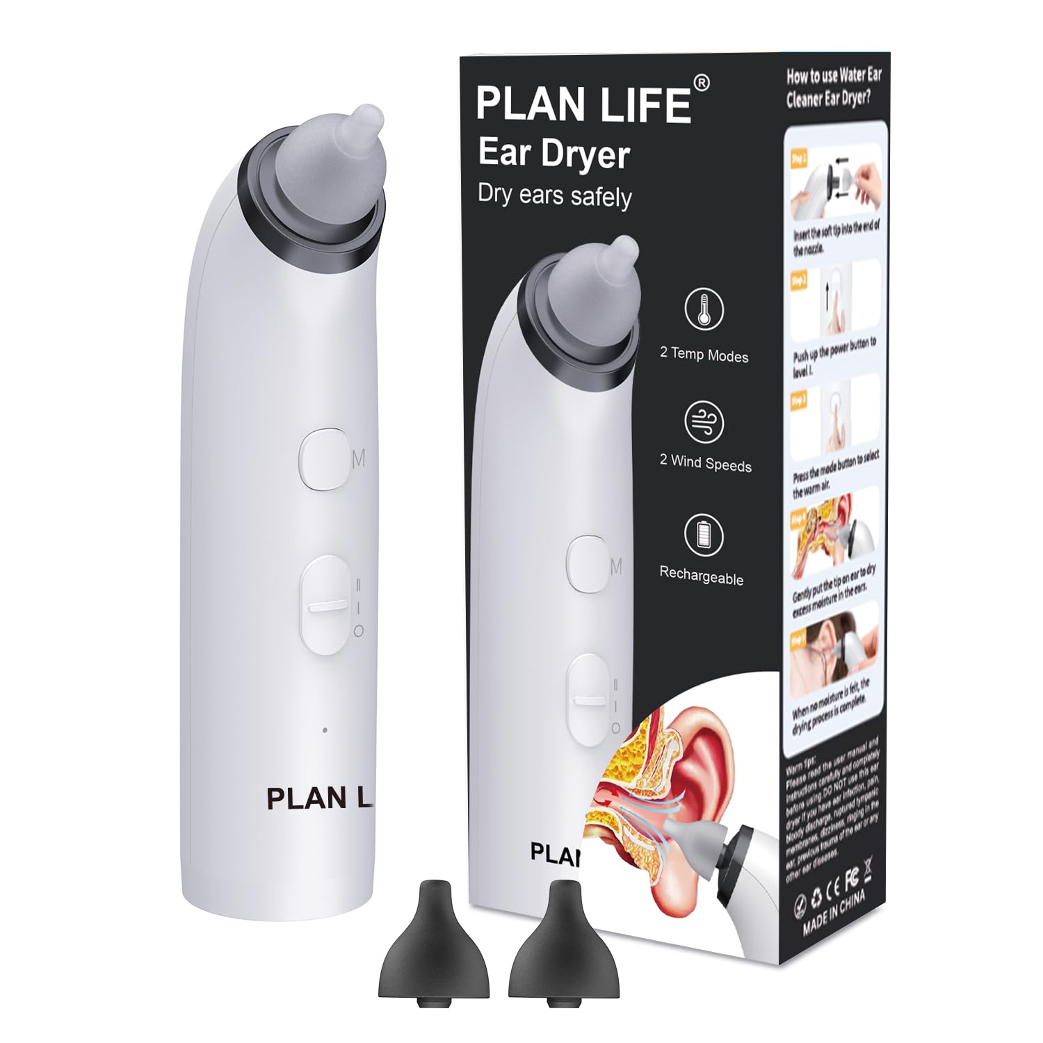 Ear dryer, rechargeable ear dryer, quick drying with gentle warm air ...