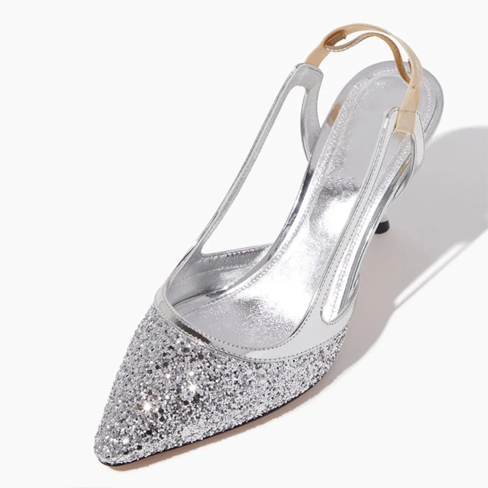 Silver Glitter Closed Toe 3'' Stiletto Heel Slingback Pumps
