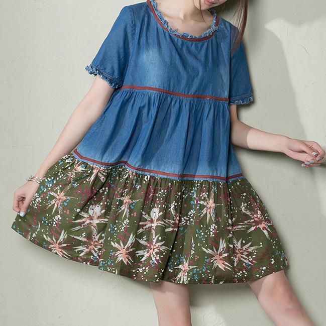 Blue patchwork denim sundress oversize layered summer denim dresses