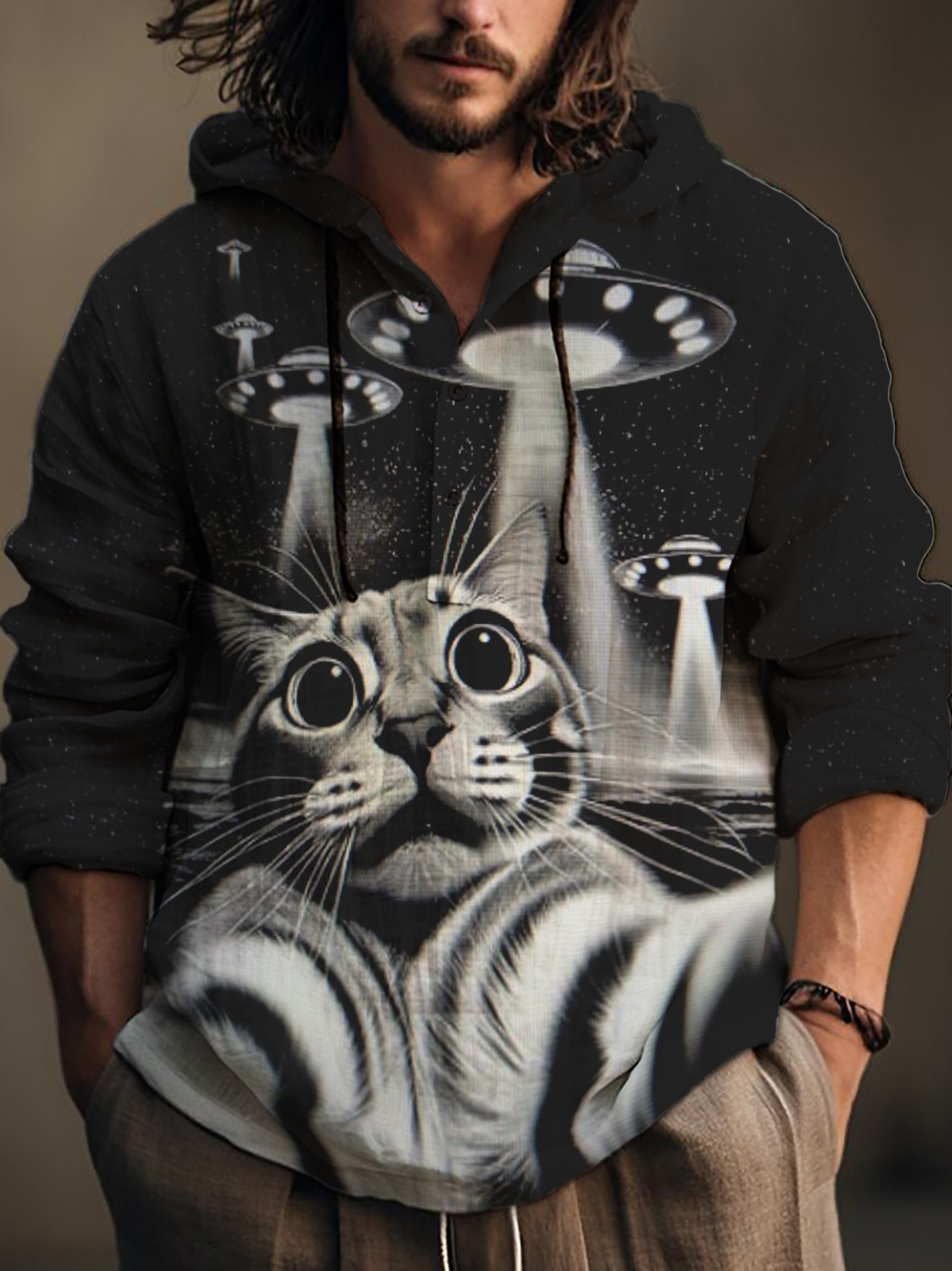 Men's Frightened Cat UFO Futuristic Sci-Fi Art Print Hooded Shirt