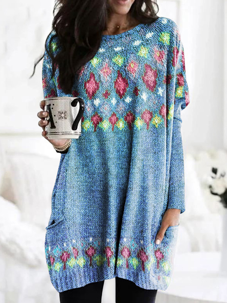 Fairman Island Geometric Contrast Pocket Mid Length Sweater