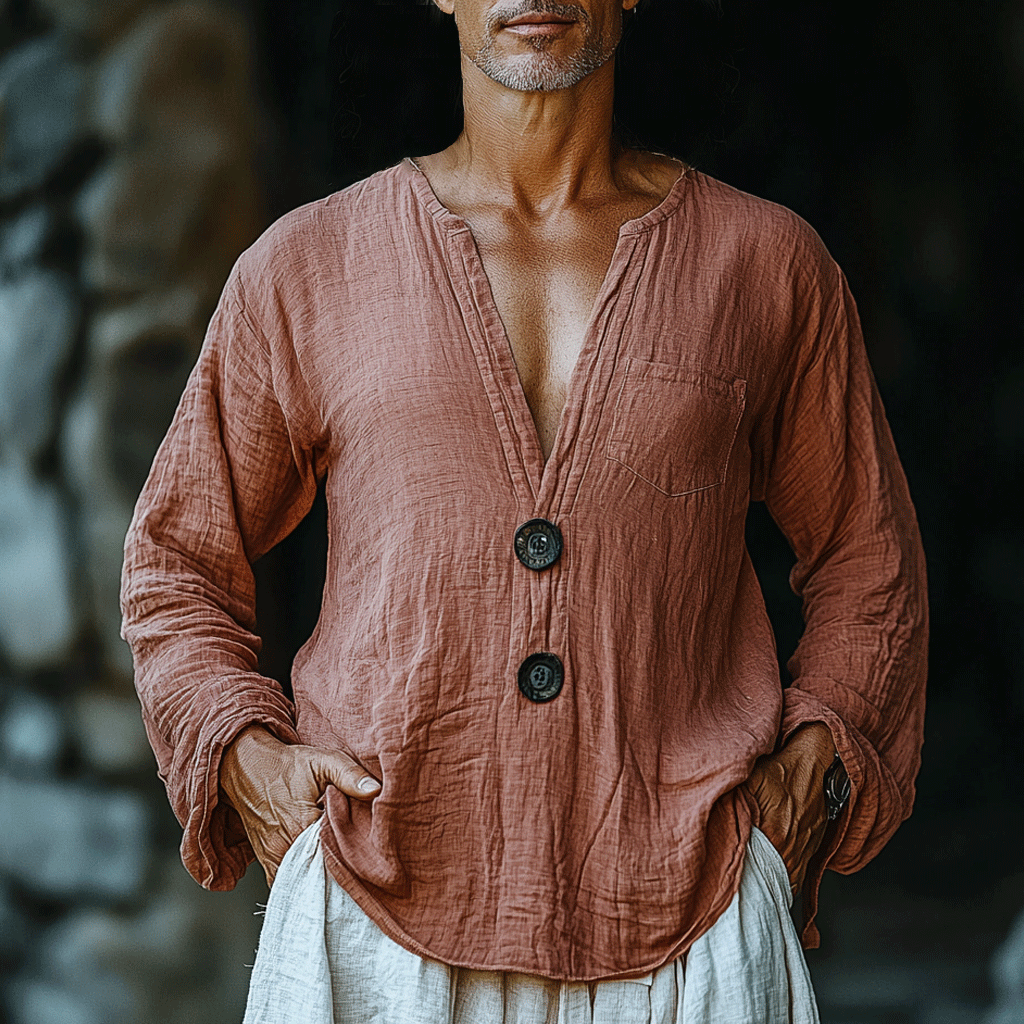 hivenmaxshop Men's V-neck Solid Color Linen Shirt 23.80