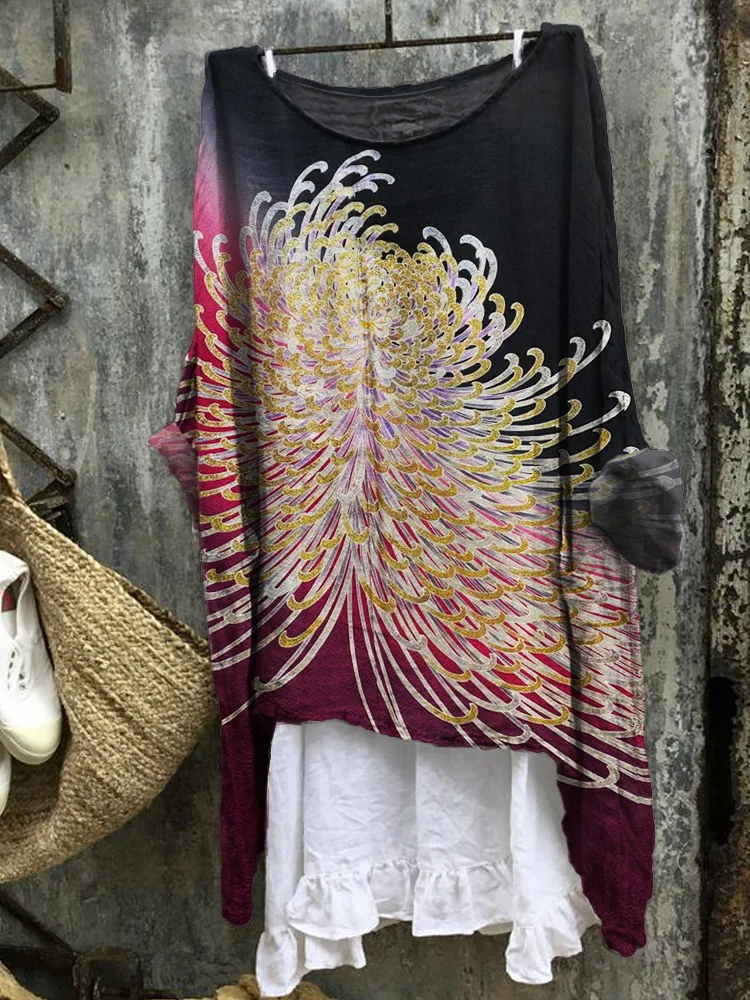 Chrysanthemum Japanese Contrast Art Linen Blend Tunic