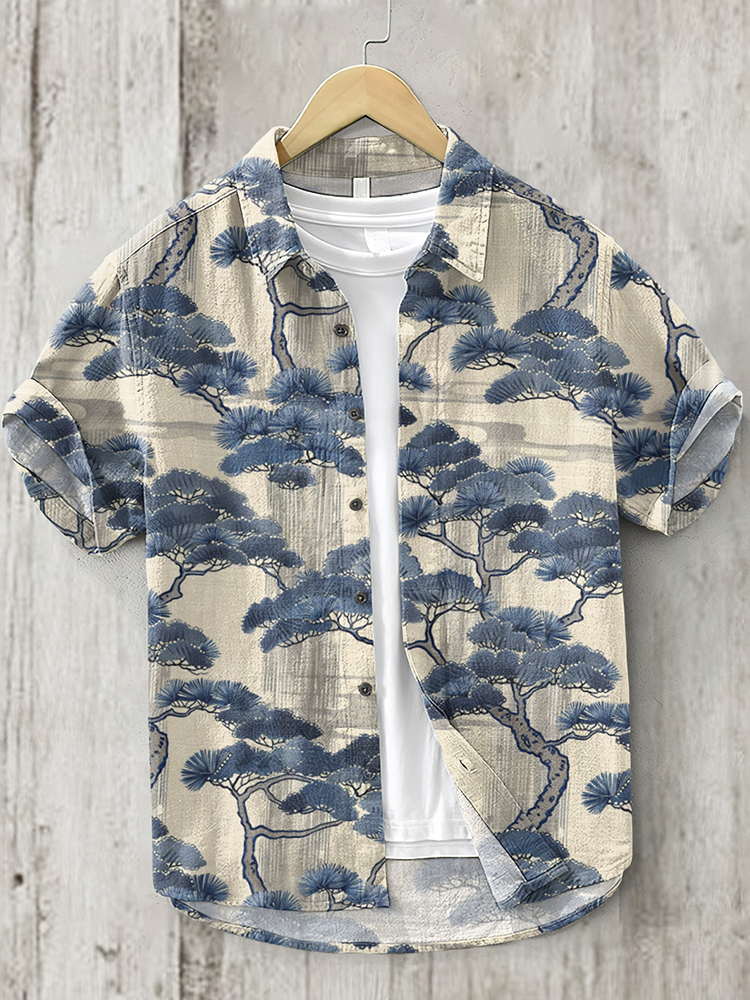 Vintage Japanese Lino Art Pine Trees Pattern Linen Blend Shirt