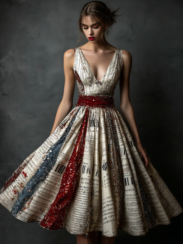 Vintage Sequin Music Notes And Flag Art Midi Dress