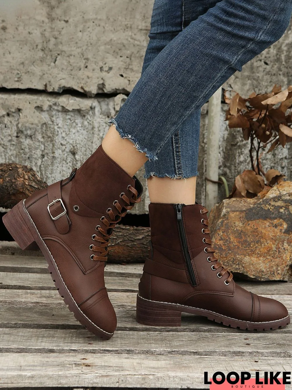 Retro Stitching Lace-up Zipper Boots