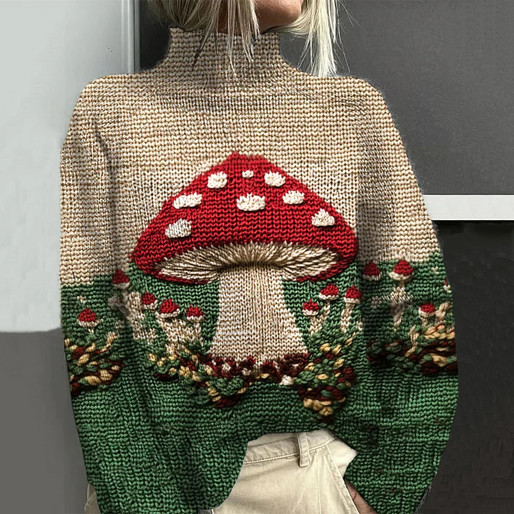Women's Retro Mushroom Colorblock Embroidered Cozy Turtleneck Sweater