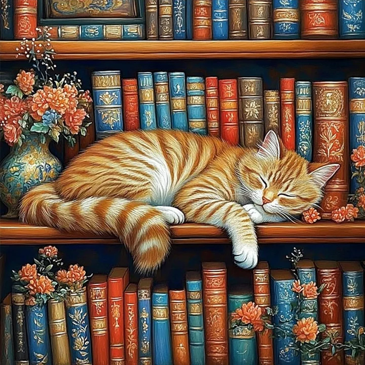 Cat Sleeping on a Bookshelf (velvet cloth) full crystal round/square ...