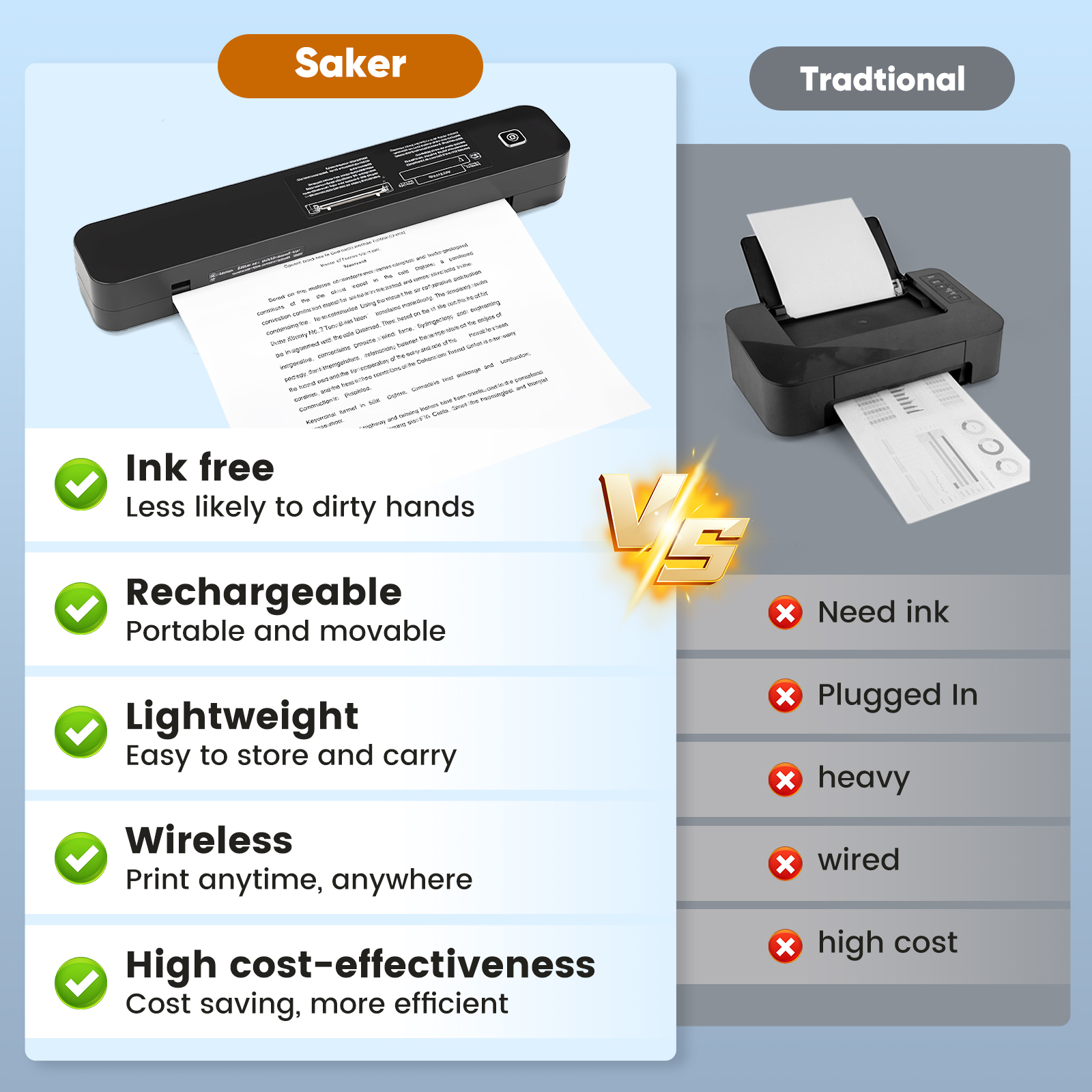 Saker Portable Wireless Printer