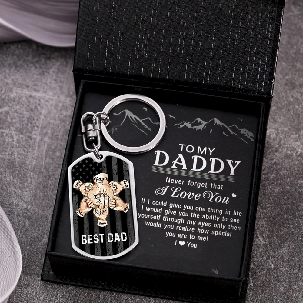 Custom Fist Bump Keychain Engrave 6 Names For Father/Grandpa