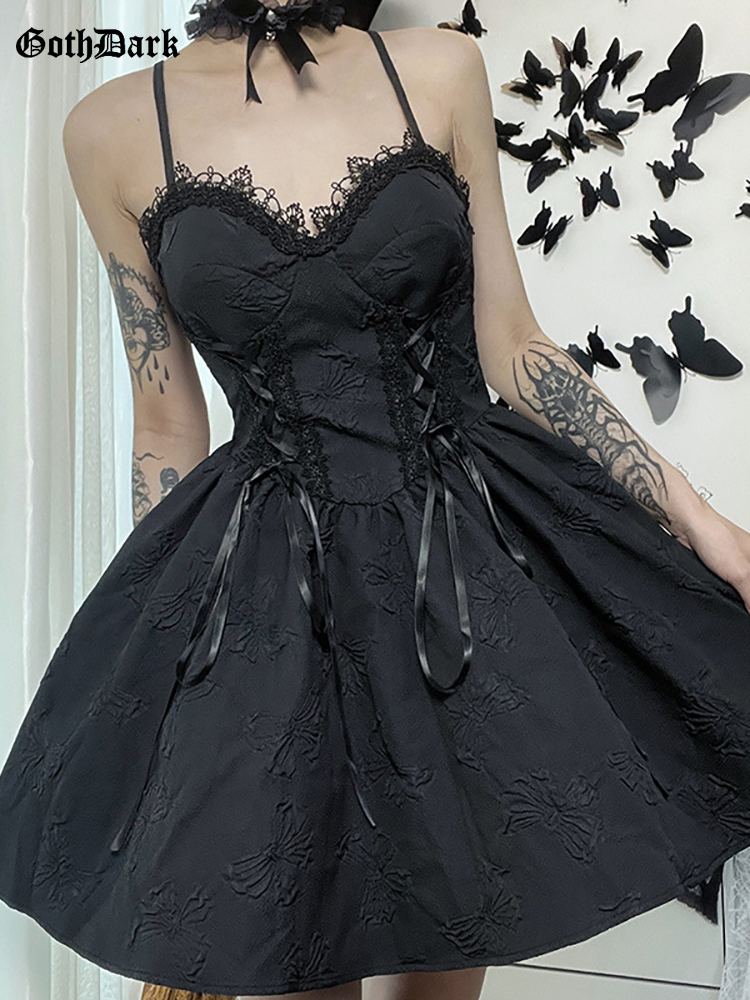 Fongt Dark Tie Up Mall Gothic Elegant Women Dresses Grunge Aesthetic ...
