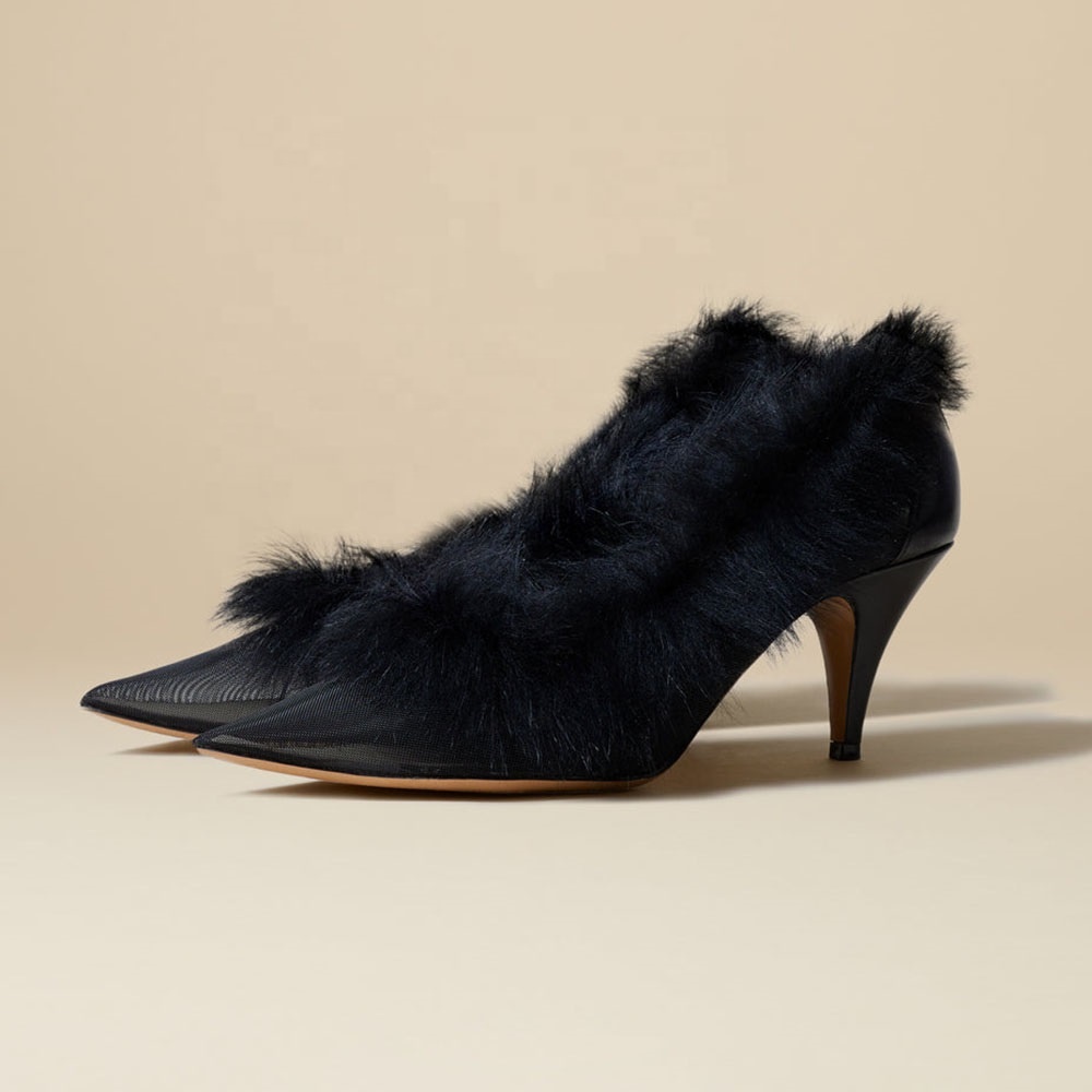 Sheer Fabric See Through Fluffy Fur Trim Heels Kitten Heel Black Mesh Pumps