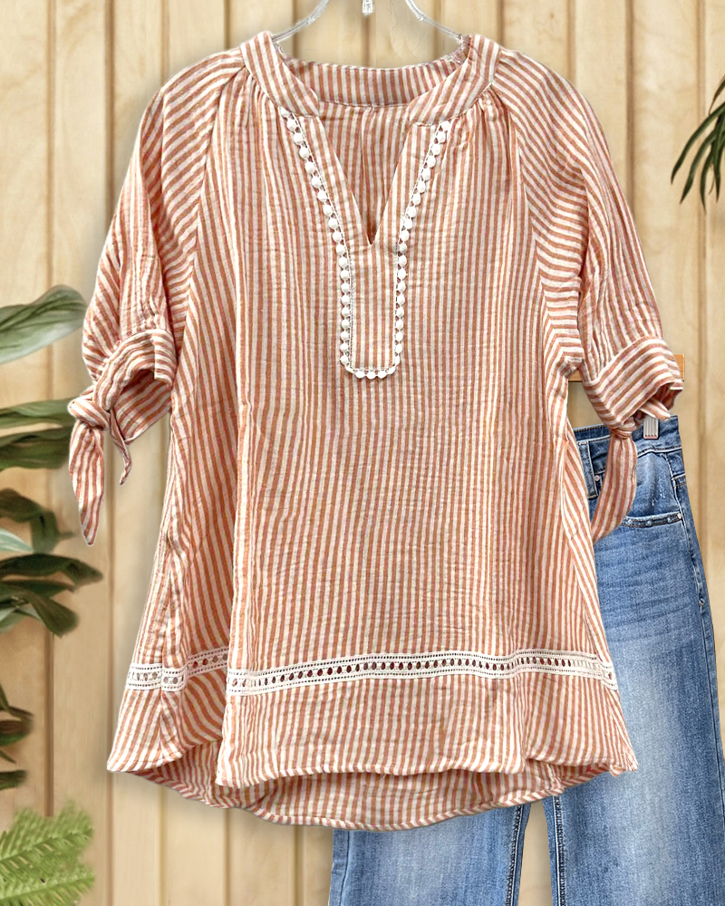 Striped V Neck Tied Sleeve Cozy Blouse