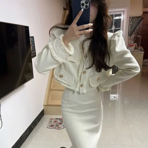 Woherb Korean Chic Two Piece Sets Cropped Tweed Jacket Coats + High ...
