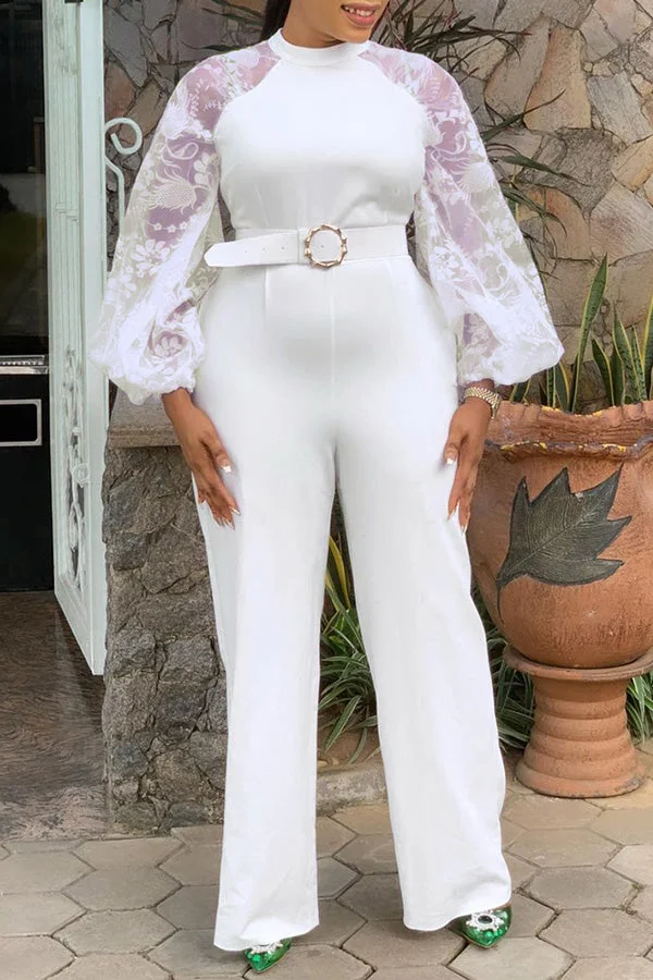 Commuter See Through Lace Lantern Sleeve Paneled Wide Leg Jumpsuit