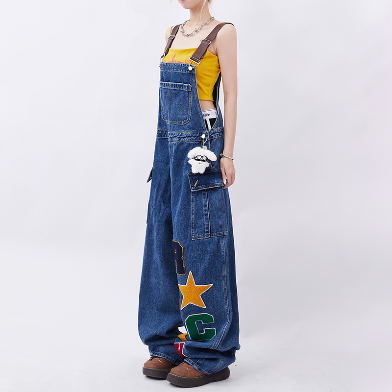 ROCK EMBROIDERED HIP HOP DENIM OVERALLS