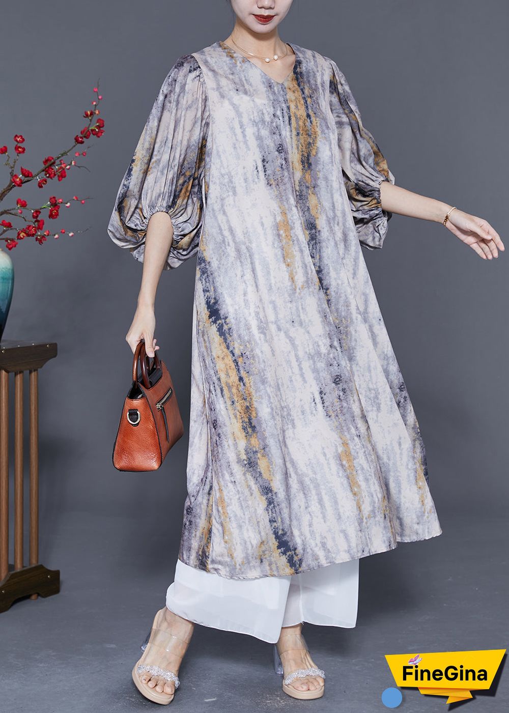 FineGina Plus Size Colorblock V Neck Tie Dye Silk Dress Lantern Sleeve