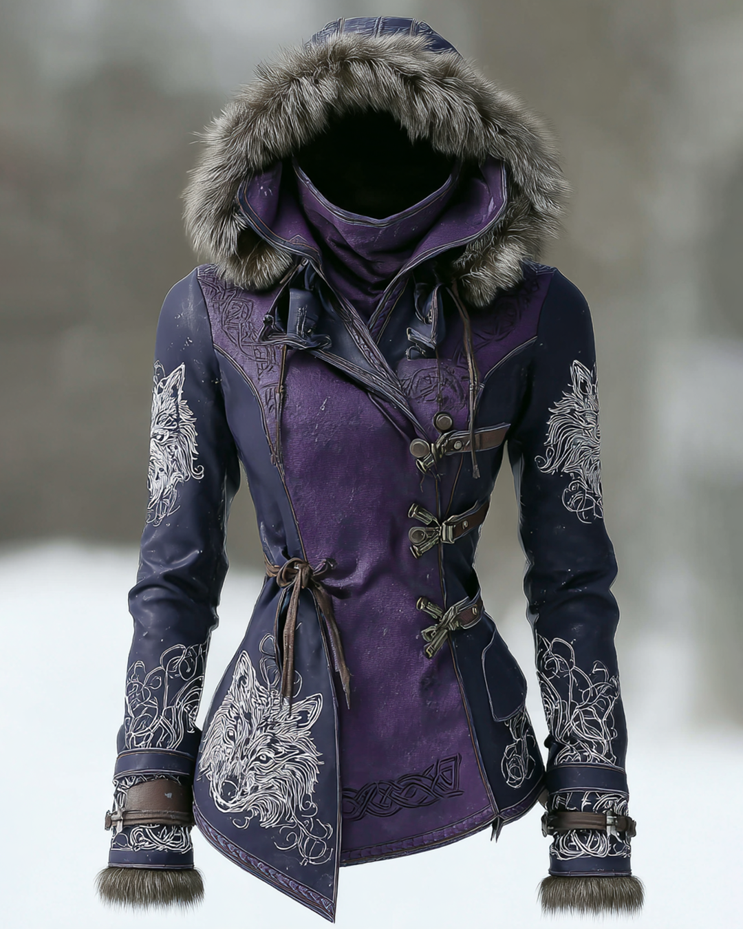 Women's Contrast-Color Embroidered Fur-Trim Hooded Leather Jacket6903