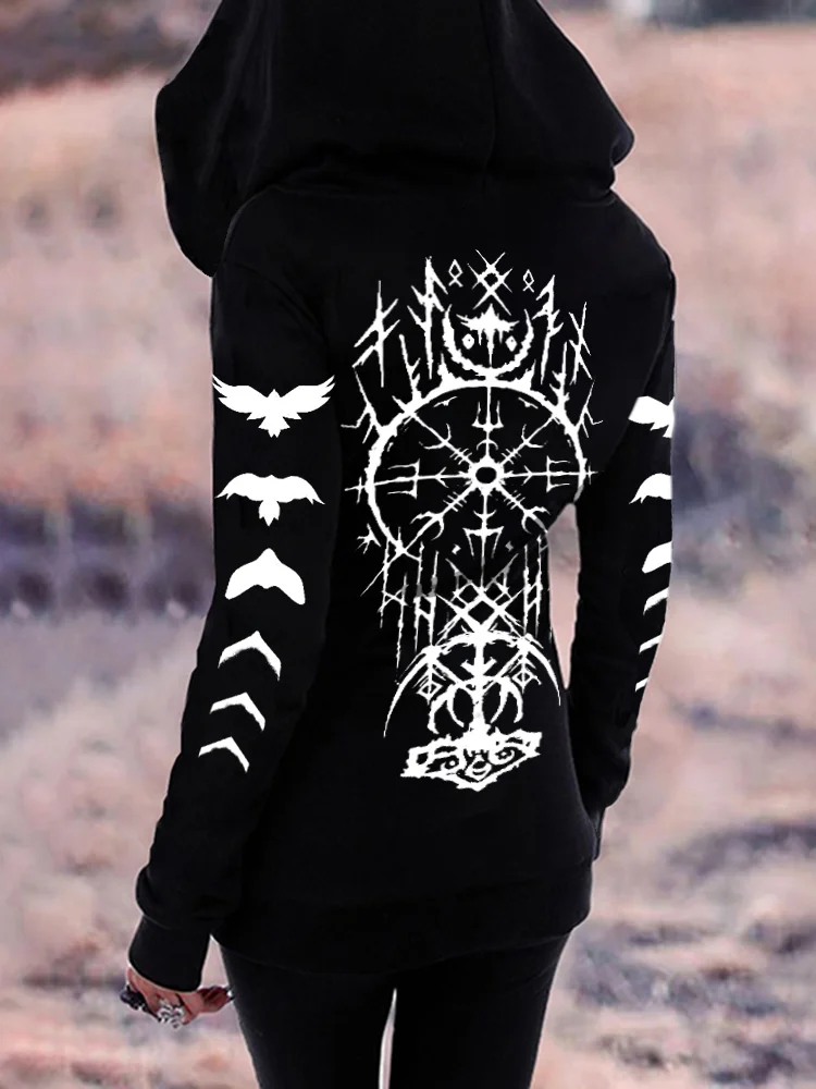 Viking Raven & Rune Print Zip Hoodie