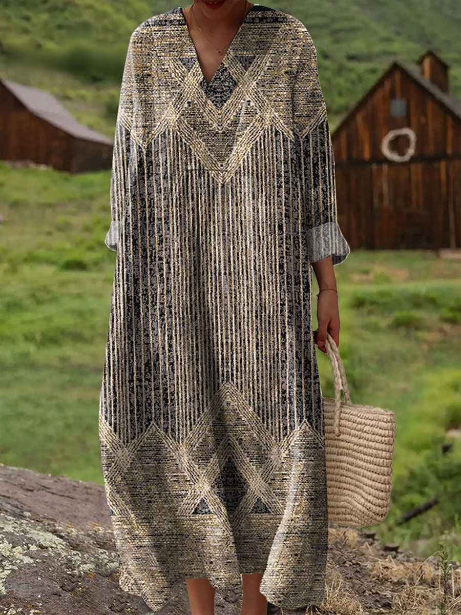 Women's Vintage Geometric Print V-Neck Dress