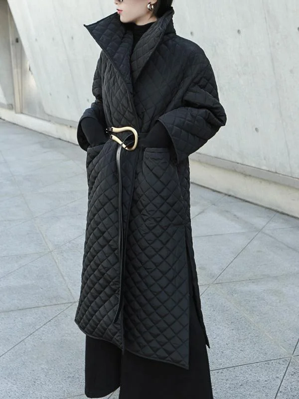 Elegant Black Rhombic High-Collar Long Coat with Split Sides