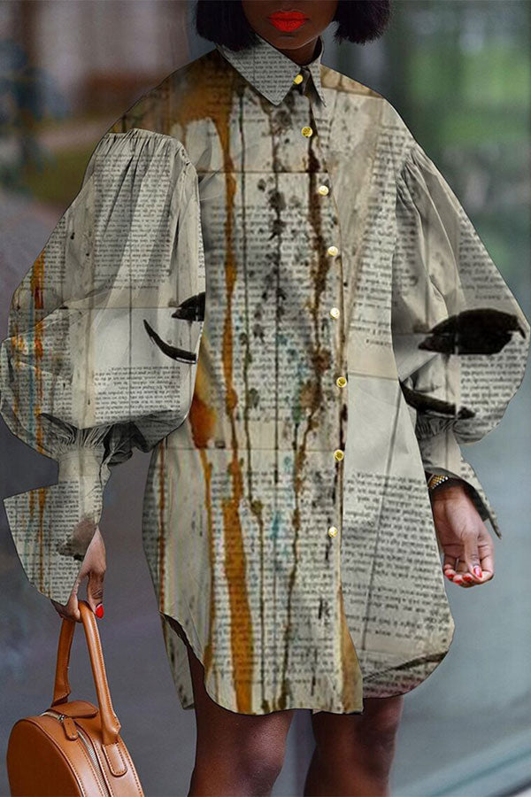 Newspaper Print Cute Puff Sleeve Mini Dress