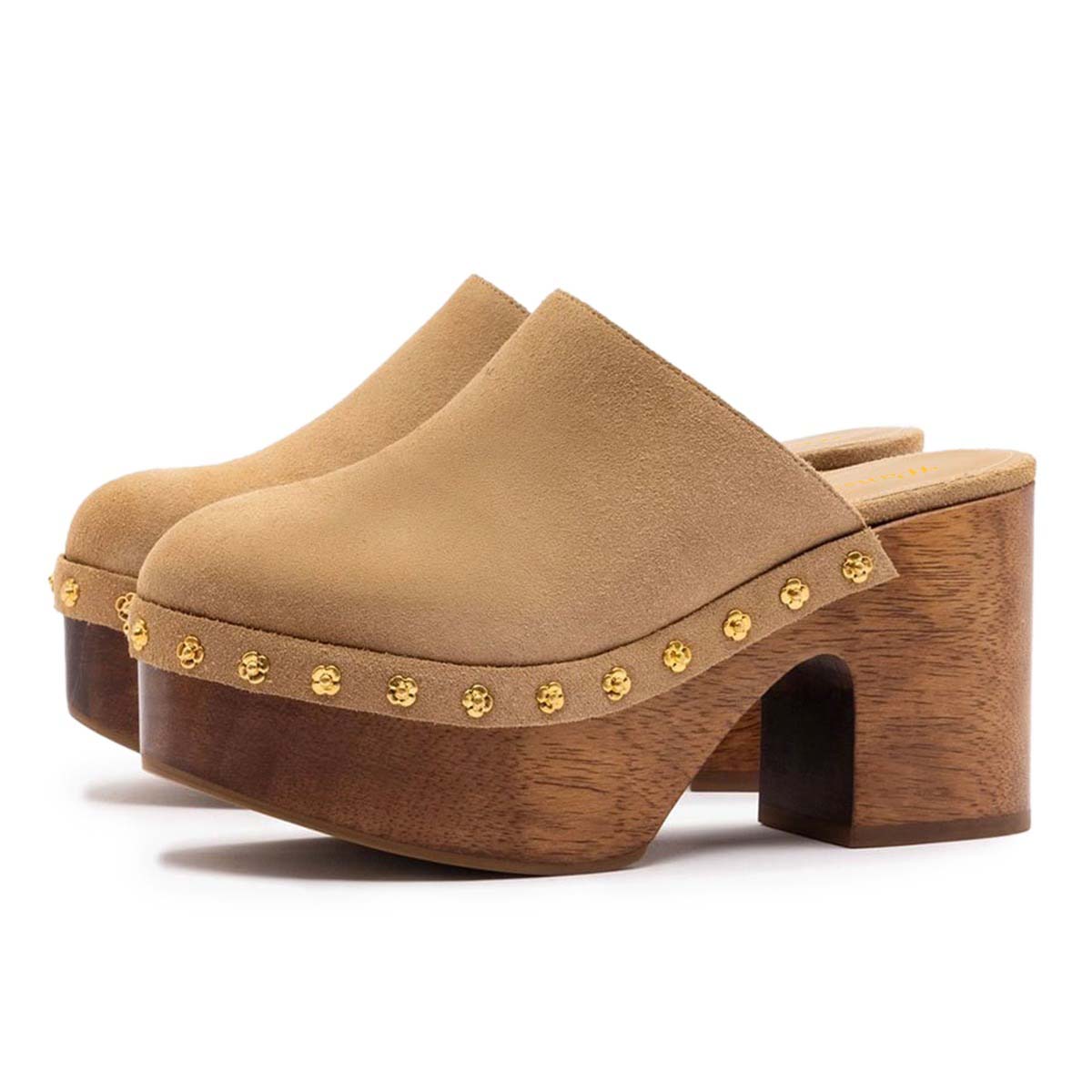 Tan Block Heel Floral Studded High Heel Mules with Platform