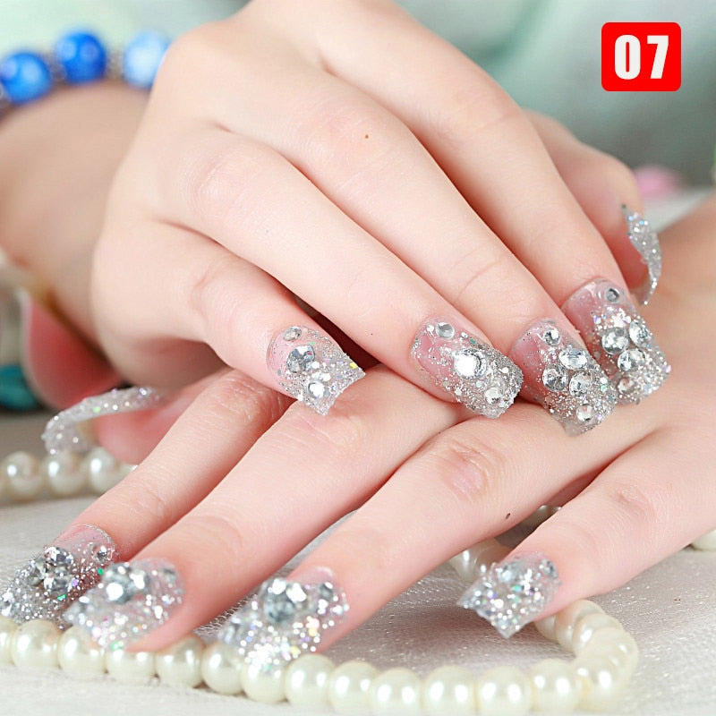 24pcs Ladies Fake Nails Transparent Floral Beads Decor DIY Bride False ...