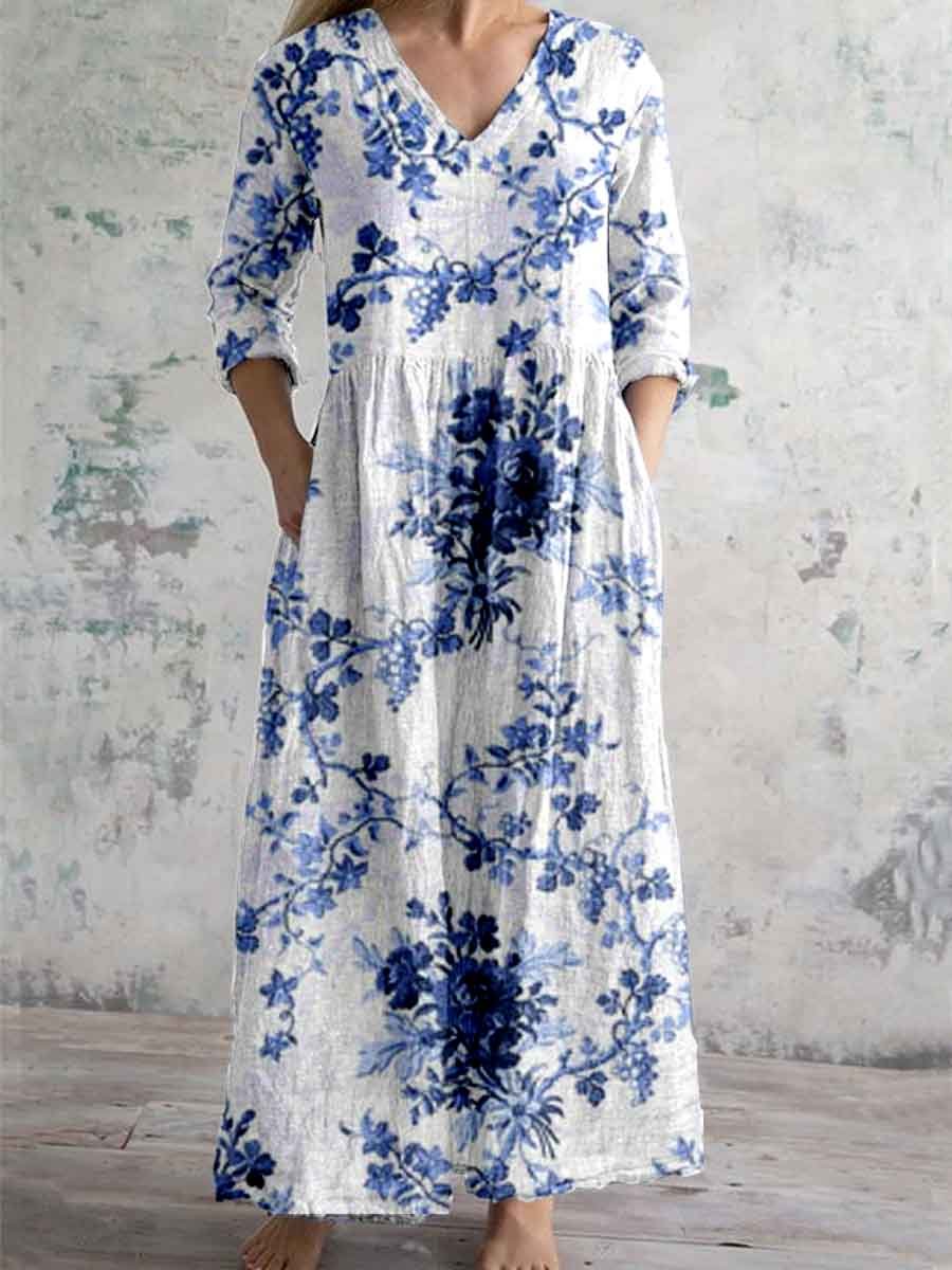 Women's Elegant Ink Painting Floral Pattern Cotton and Linen Dress with ...
