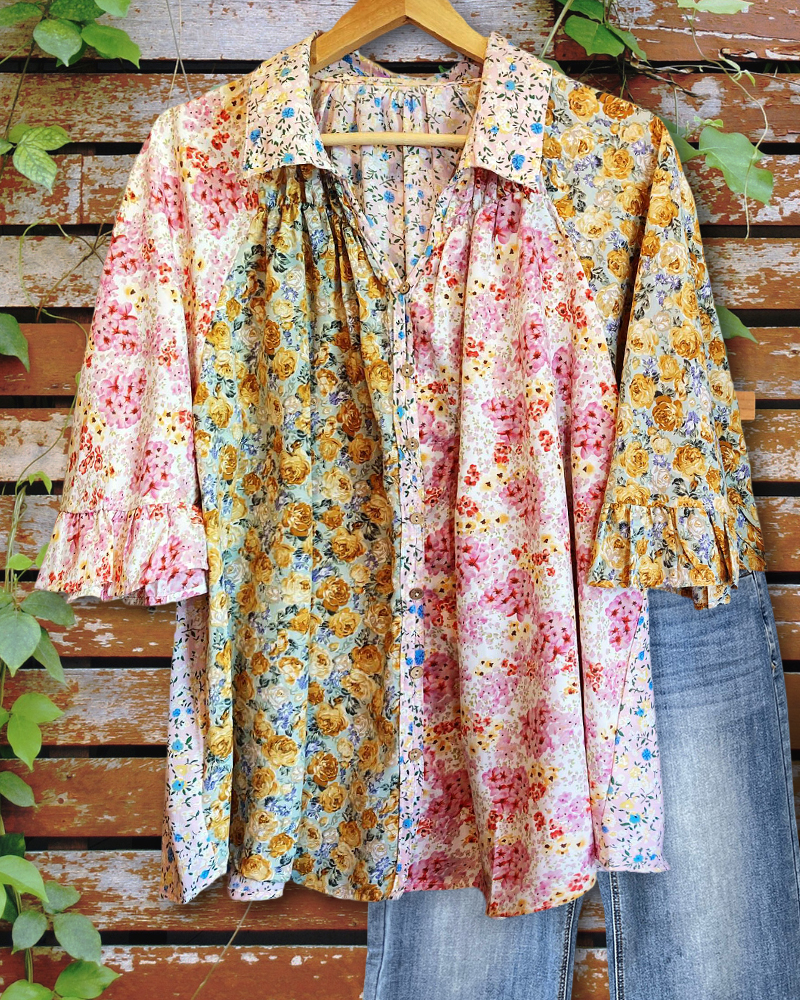 Mixed Floral Print Commuting Ruffle Sleeve Button Shirt