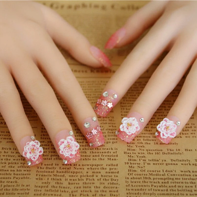 24pcs Ladies Fake Nails Transparent Floral Beads Decor DIY Bride False ...