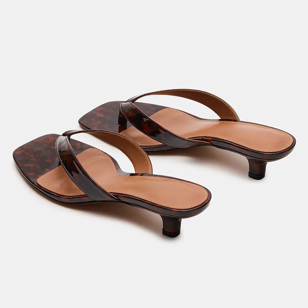 Tortoise Print Open Square Toe Slide Sandals with Kitten Heels