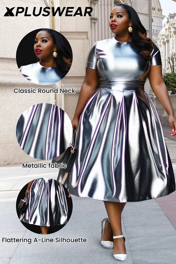 Xpluswear Design Plus Size Party Midi Dresses Elegant Purple Crew Neck