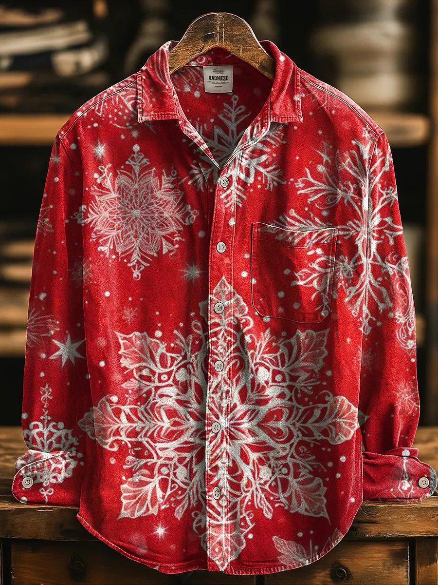 Red Snowflake Print 100% Cotton Long Sleeve Shirt