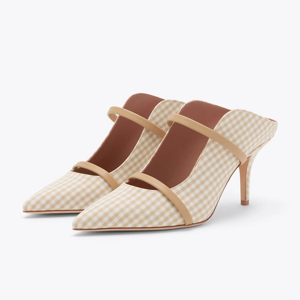 Beige & White Pointed Toe Gingham Double Strap Wave Heeled Mules