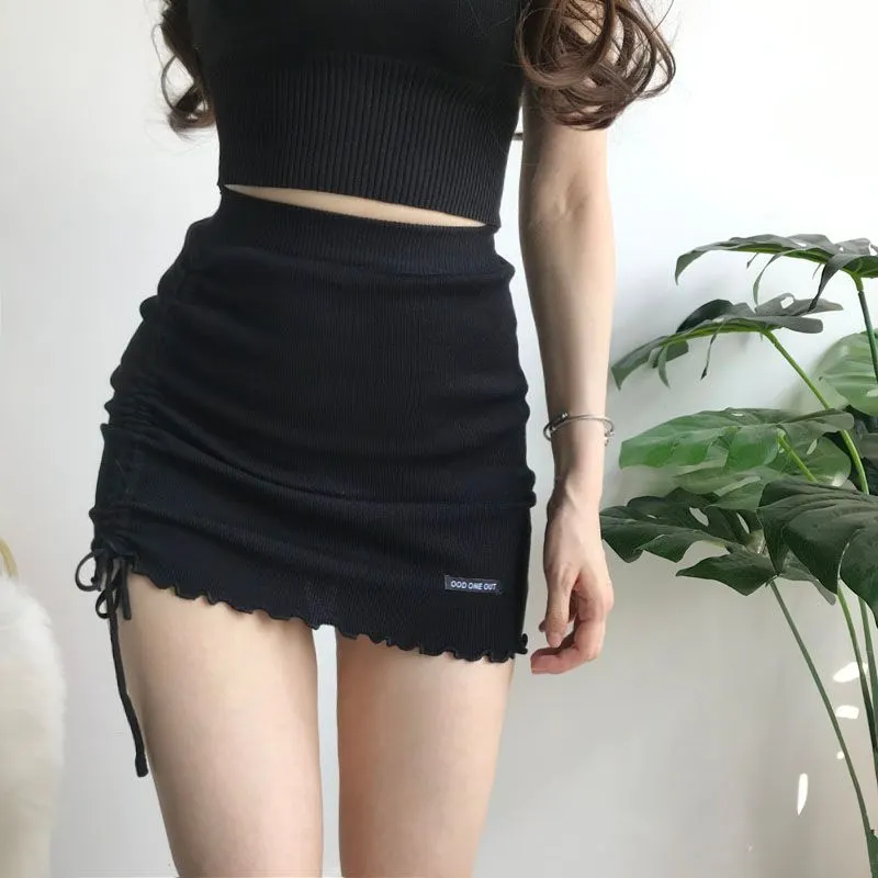 Drawstring Ribbed Knit Pencil Mini Skirt YP691